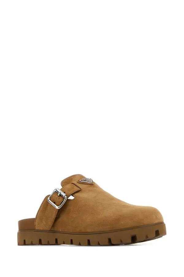 Prada Camel Suede Slip-on Slippers With Buckle Detail - Brown