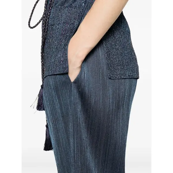 Giorgio Armani Navy Plissé Effect Crystal Embellished Tapered Trousers
