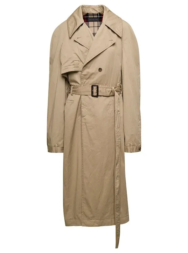 Balenciaga Beige Cotton Twill Deconstructed Trench Coat With Belt - Multicolor