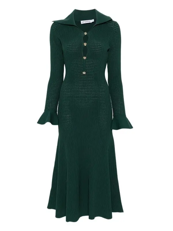 SELF-PORTRAIT Knitted Midi Dress With Exaggerated Collar And Gold Button Embellishment