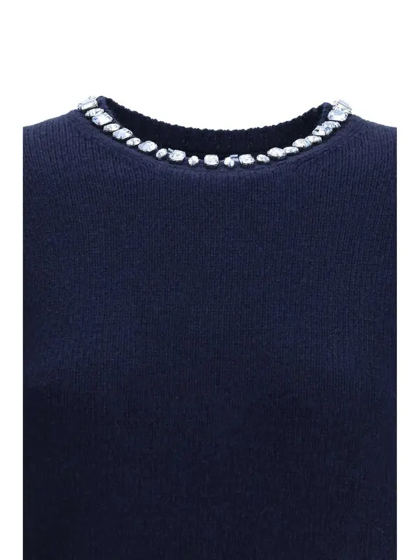 Prada Wool And Cashmere Crew Neck Sweater With Crystal Embellishment - Blue