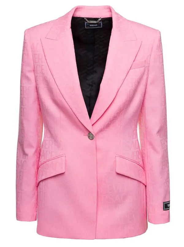 Versace Pink Single-breasted Jacket With All-over Tonal Logo Lettering Print In Wool - Multicolor