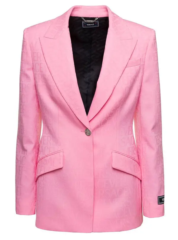 Versace Pink Single-breasted Jacket With All-over Tonal Logo Lettering Print In Wool - Multicolor