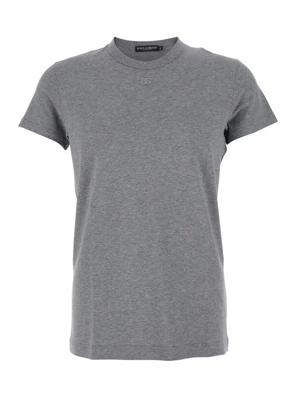 Dolce & Gabbana Grey Crewneck T-shirt With Tonal Logo Lettering Embroidery On The Front In Cotton Stretch - Gray