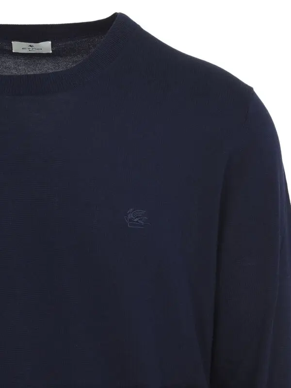 Etro Crew Neck Cotton Sweater With Embroidered Logo - Blue