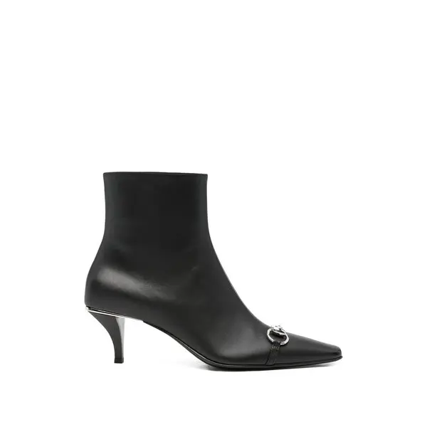 Gucci Leather Horsebit Detail Pointed Toe Boots - Black