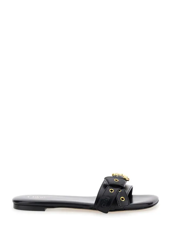 Chloé Mae Slip-on Leather Sandals With Embossed Logo - Black