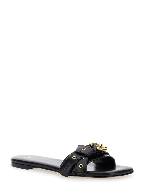 Chloé Mae Slip-on Leather Sandals With Embossed Logo - Black
