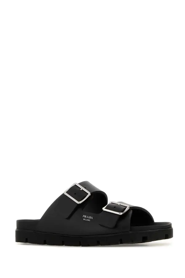 Prada Leather Buckled Slides - Black