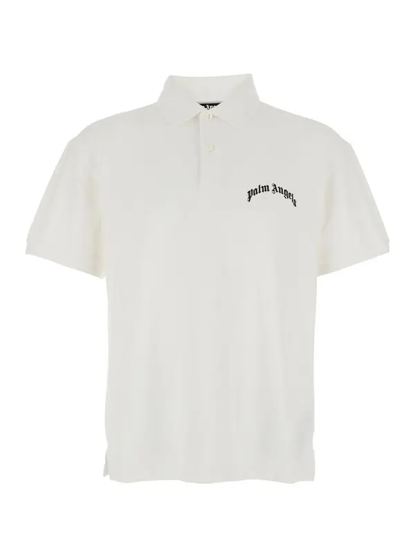 Palm Angels White Polo Shirt With Logo Lettering On Front And Rear In Cotton Piquet - Multicolor