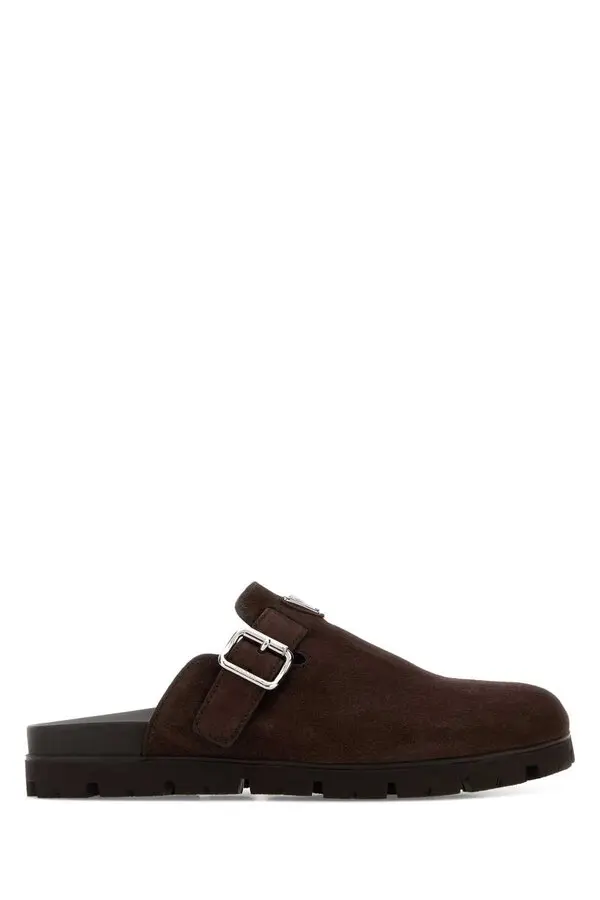 Prada Suede Slippers With Buckle Detail - Brown