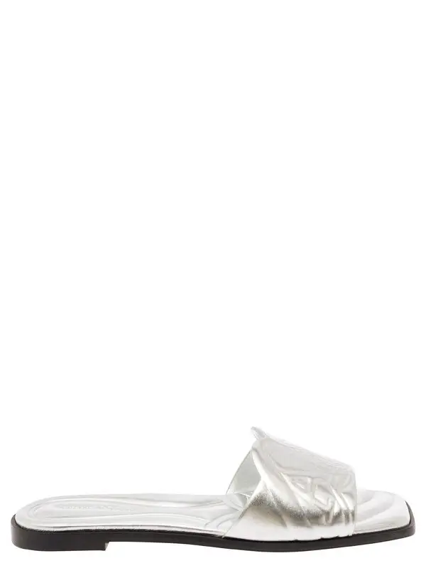 Alexander McQueen Metallic Leather Flat Sandals With Embossed Motif - Silver