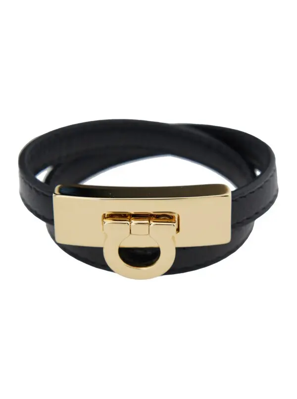 FERRAGAMO Double Wrap Gancini Bracelet In Black Leather With Gold-tone Metal - Multicolor