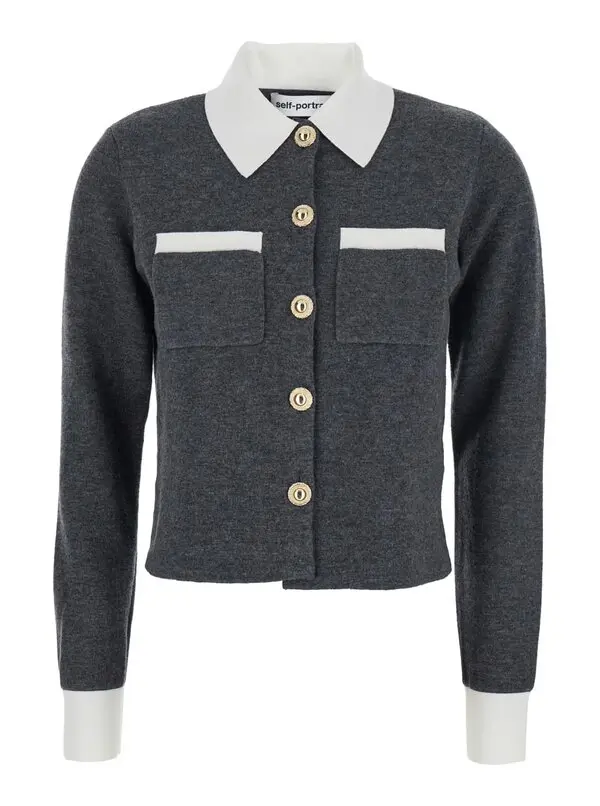 SELF-PORTRAIT Cropped Cardigan With Contrasting Collar - Multicolor