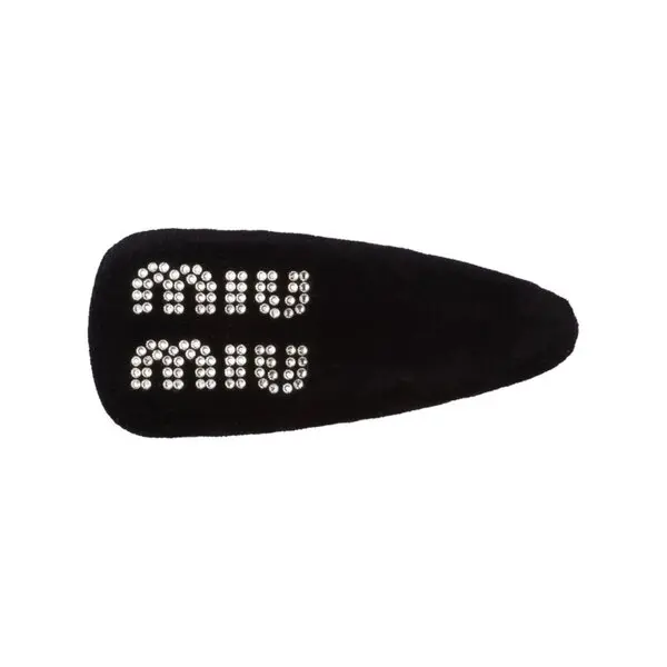 Miu Miu Velvet Rhinestone Logo Barrette - Black