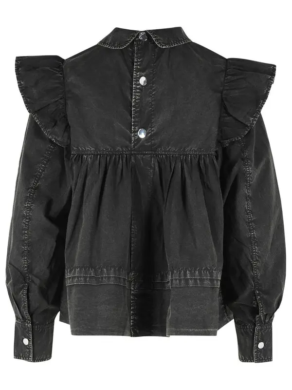 GANNI Organic Cotton Blouse With Ruffle Shoulders - Black