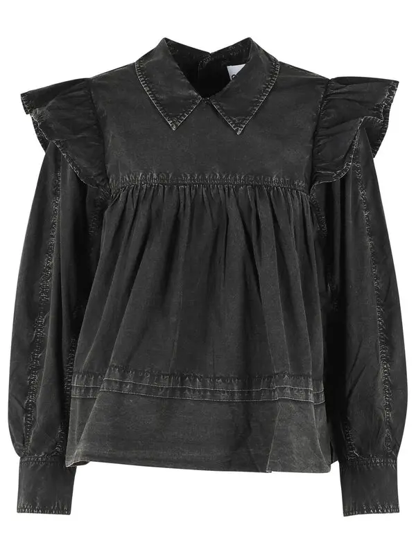 GANNI Organic Cotton Blouse With Ruffle Shoulders