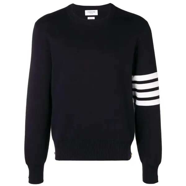 Thom Browne Navy Cotton Fine Knit Crew Neck Long Sleeve Sweater - Blue
