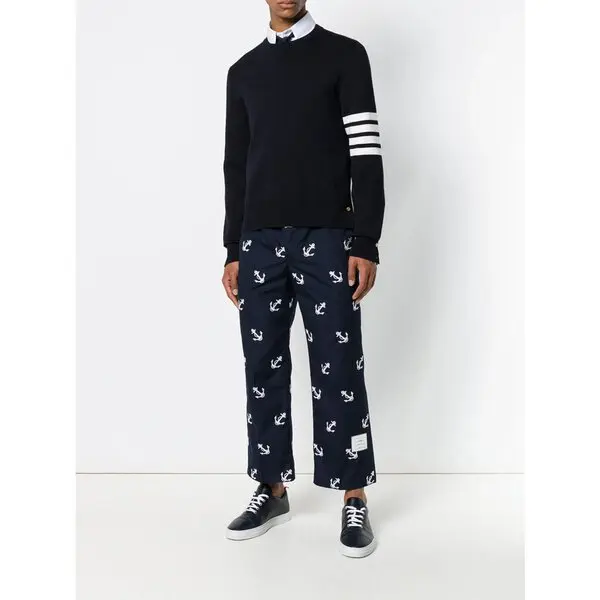 Thom Browne Navy Cotton Fine Knit Crew Neck Long Sleeve Sweater - Blue