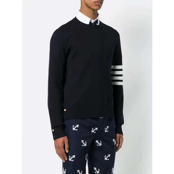 Thom Browne Navy Cotton Fine Knit Crew Neck Long Sleeve Sweater - Blue
