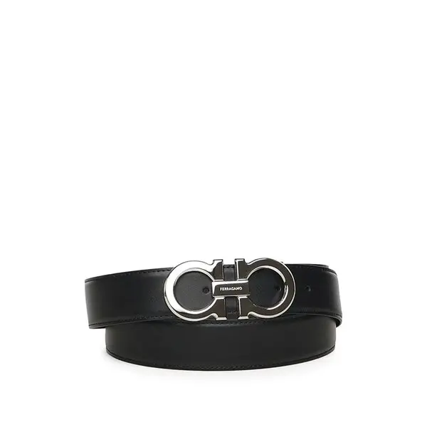 FERRAGAMO Reversible Gancini Buckle Leather Belt - Black
