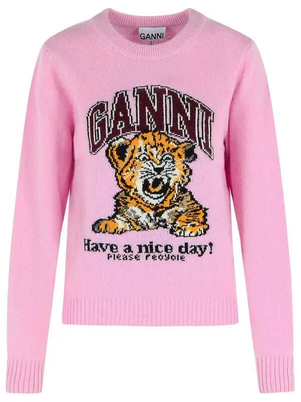 GANNI Wool Blend Sweater With Graphic Motif - Pink