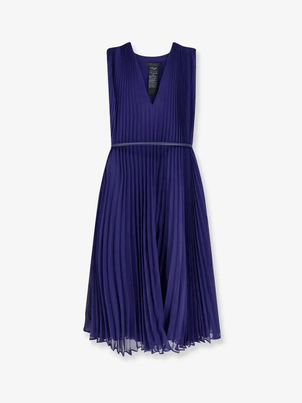 Max Mara Pleated Belted V-neck Sleeveless Flared Dress - Multicolor