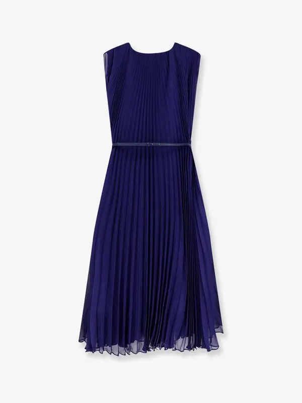 Max Mara Pleated Belted V-neck Sleeveless Flared Dress - Multicolor