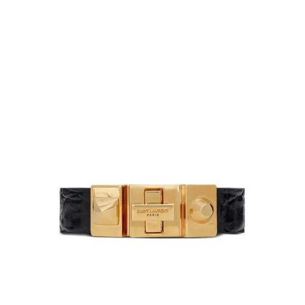 Saint Laurent Engraved Logo Spike Stud Leather Bracelet - Black