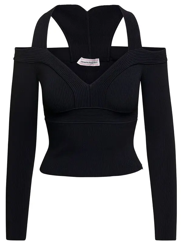 Alexander McQueen Black Jersey Stretch Cropped Top With Cut-out Details - Multicolor