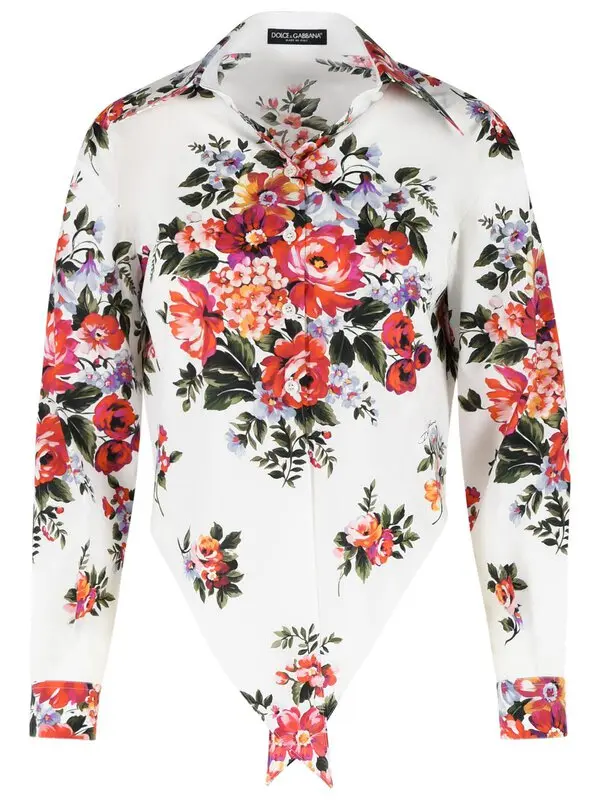 Dolce & Gabbana Floral Print Cotton Poplin Shirt - White