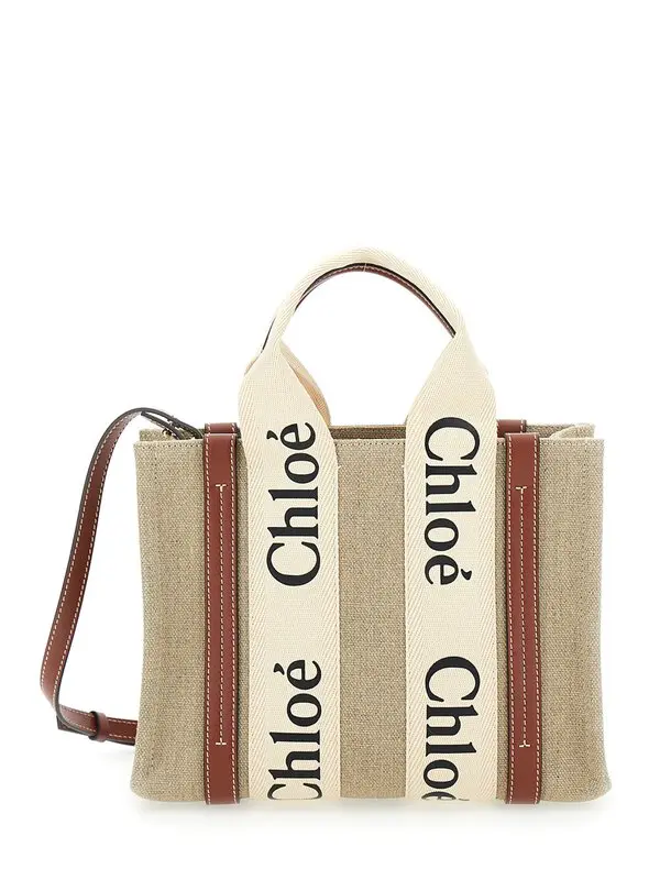 Chloé Woody' Logo Ribbon Canvas Tote Bag - Cream