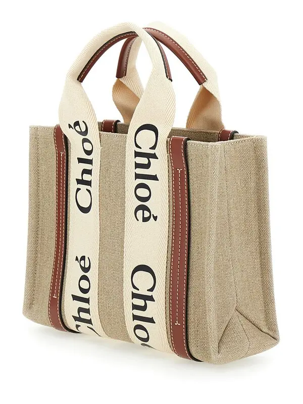Chloé Woody' Logo Ribbon Canvas Tote Bag - Cream