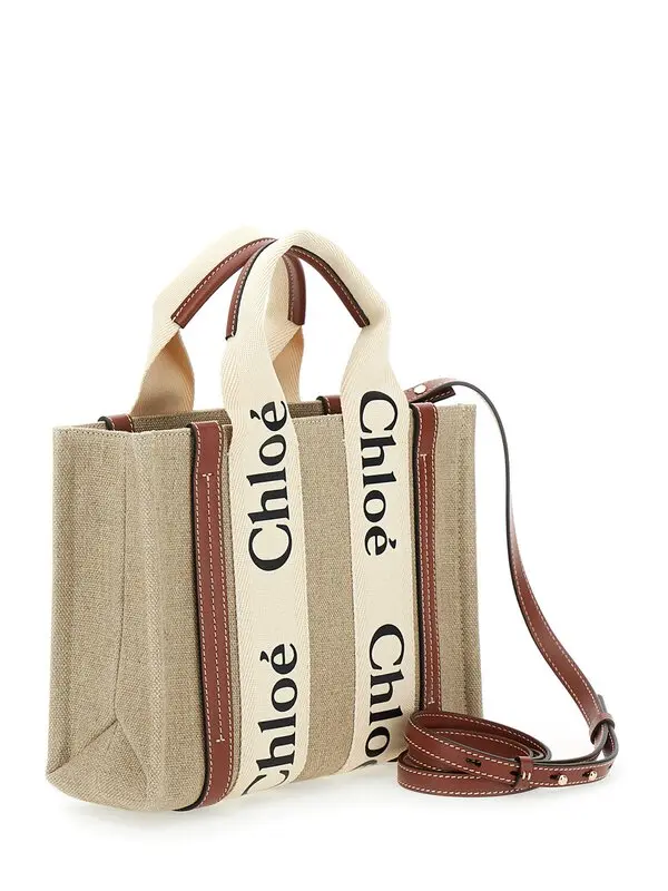 Chloé Woody' Logo Ribbon Canvas Tote Bag - Cream