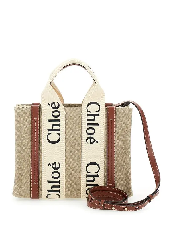 Chloé Woody' Logo Ribbon Canvas Tote Bag - Cream