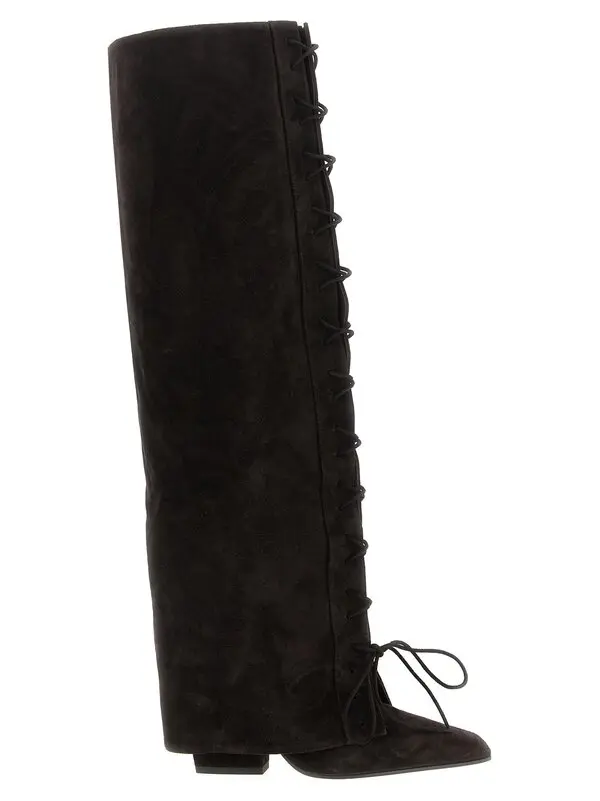 Paris Texas Jane" Fold Over Lace Up Suede Boots - Brown