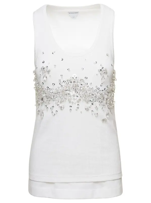 Bottega Veneta White Ribbed Jersey Tank Top With Crystal Embellishment - Multicolor