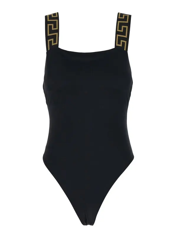Versace One-piece Swimsuit With Square Neckline And Web Detail In Tech Fabric For - Black