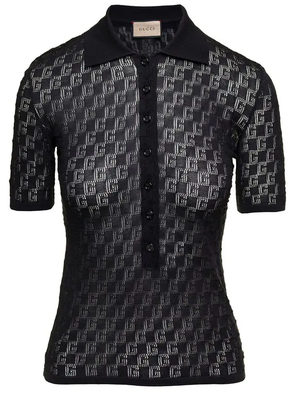 Gucci Black Cotton Silk Blend Gg Motif Polo Shirt - Multicolor