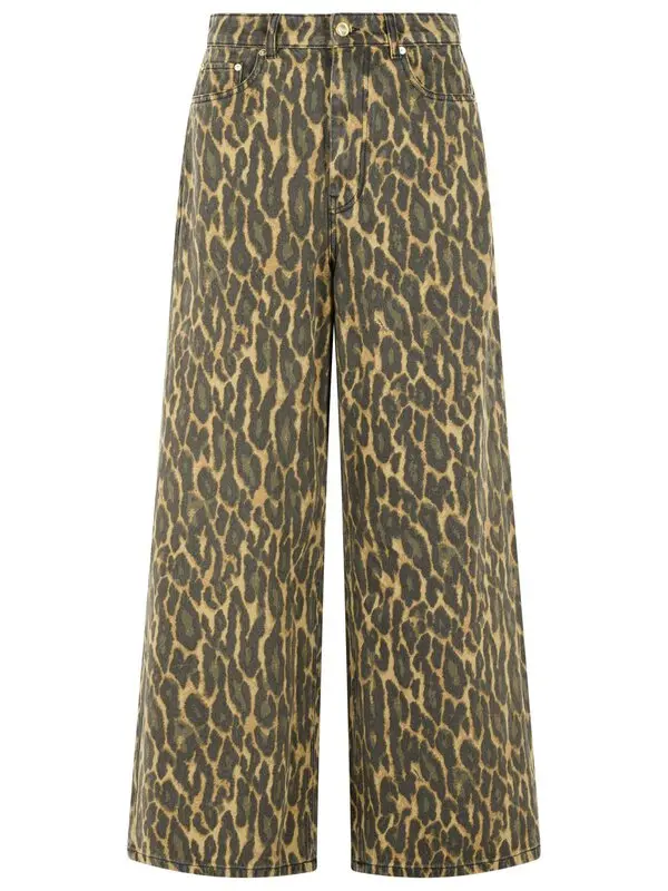 GANNI Leopard Print Wide Leg Cotton Jeans - Brown