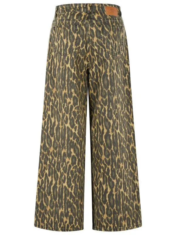 GANNI Leopard Print Wide Leg Cotton Jeans - Brown