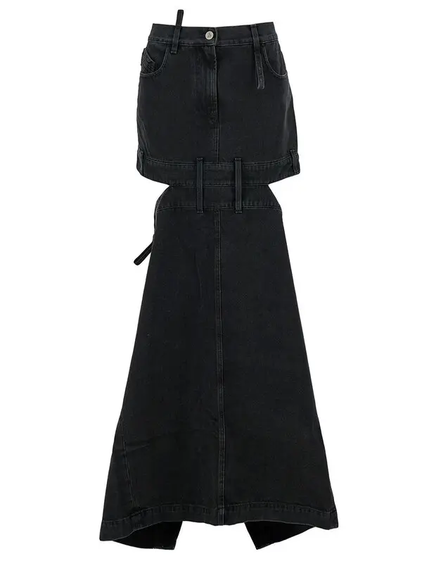 Attico Black Denim Midi Skirt With Maxi Cut-out - Multicolor