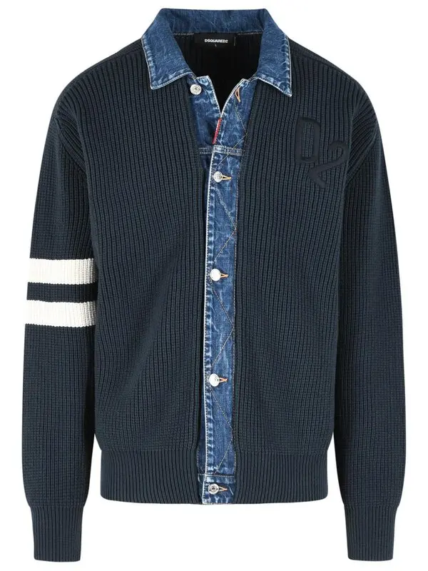 Dsquared2 Cotton Blend Knit Sweater With Denim Collar And Button Front - Blue