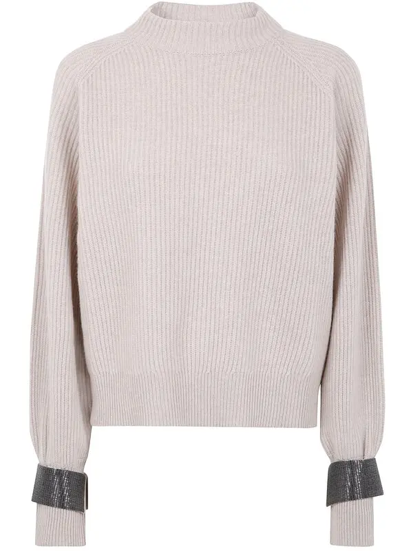 Brunello Cucinelli Cashmere Ribbed Sweater With Embellished Cuffs