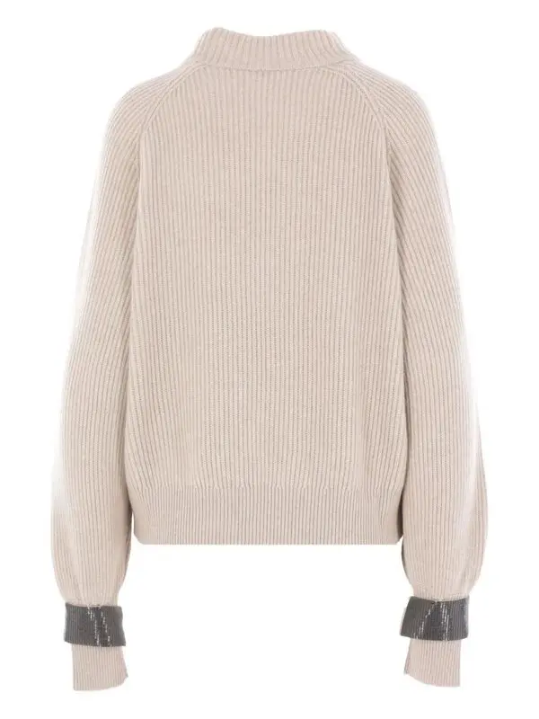Brunello Cucinelli Cashmere Ribbed Sweater With Embellished Cuffs