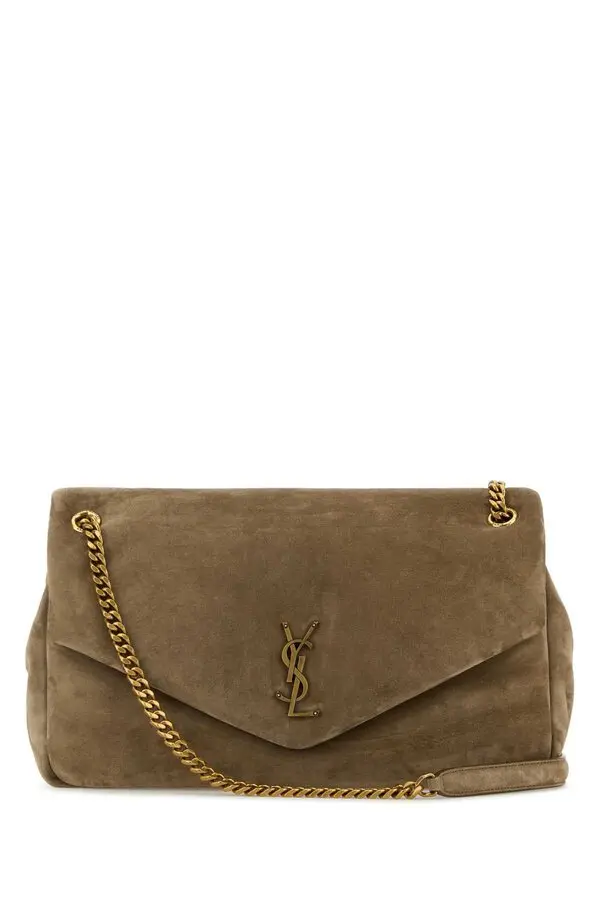 Saint Laurent Large Suede Shoulder Bag With Antiqued Golden Metal - Gray