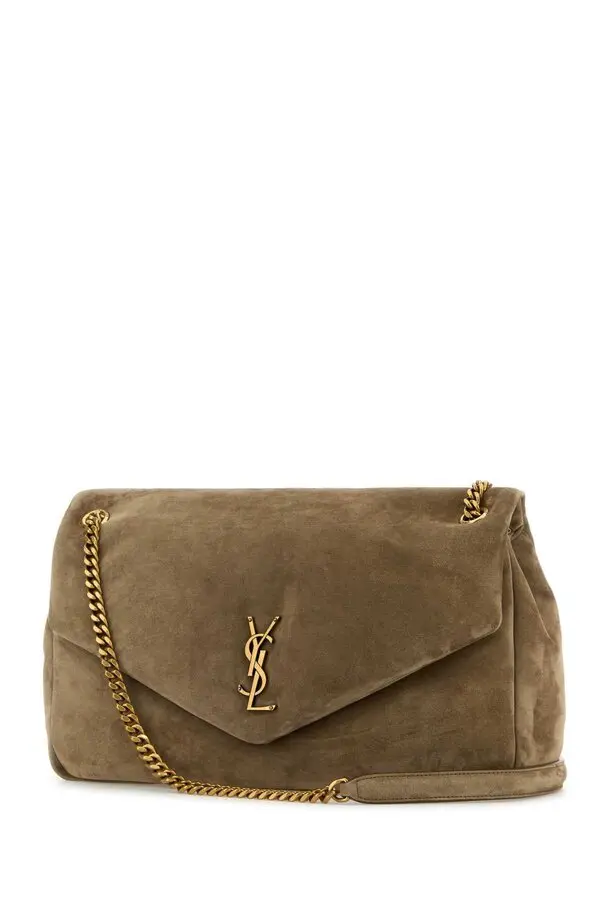 Saint Laurent Large Suede Shoulder Bag With Antiqued Golden Metal - Gray
