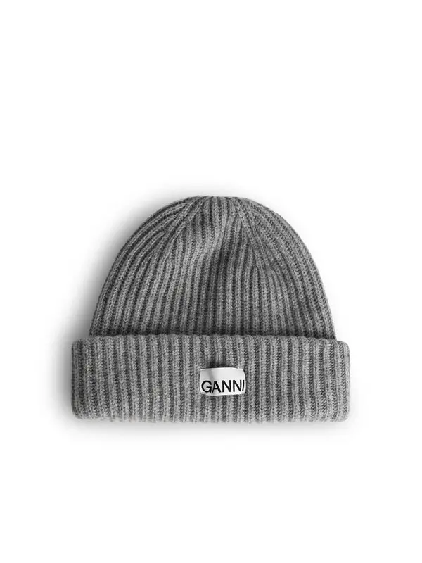 GANNI Grey Wool Blend Ribbed Beanie - Gray