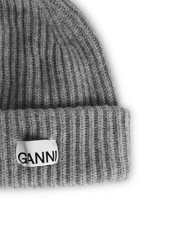 GANNI Grey Wool Blend Ribbed Beanie - Gray