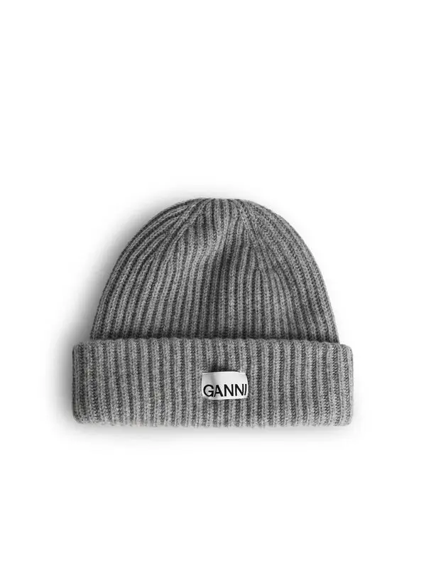 GANNI Grey Wool Blend Ribbed Beanie - Gray